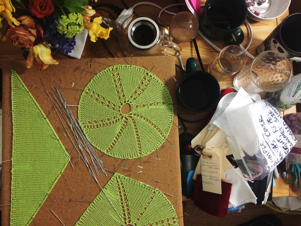 Holly Chayes » shawl shape swatches and a messy desk